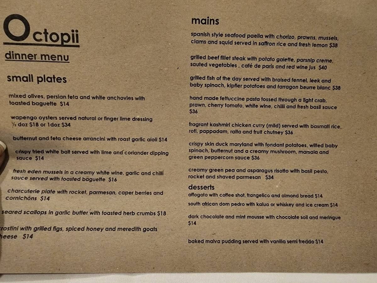 Menu at Octopii Restaurant, Bermagui