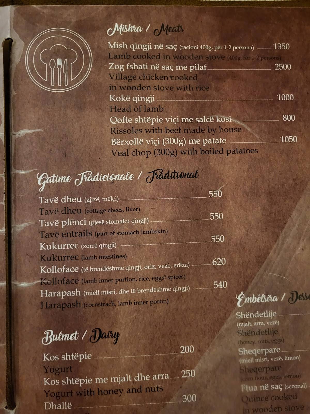Menu at Oda Garden restaurant, Tirana