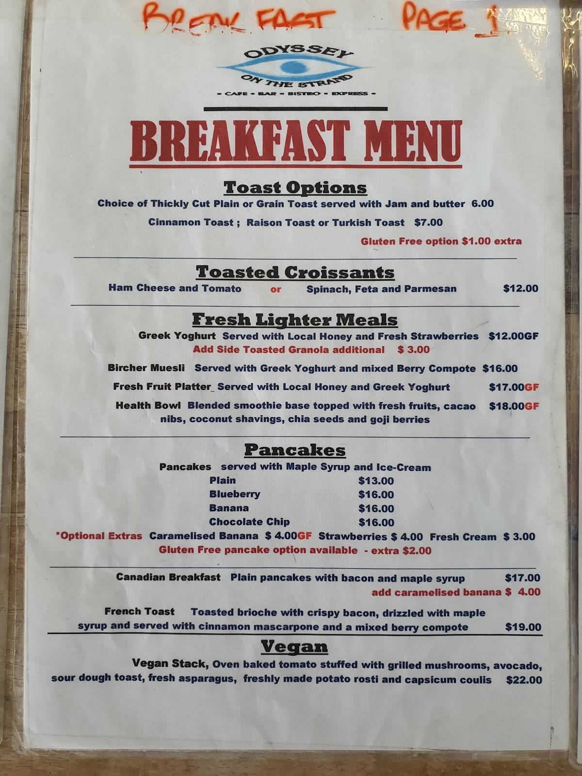 Menu at Odyssey on the Strand restaurant, North Ward, 120 The Strand