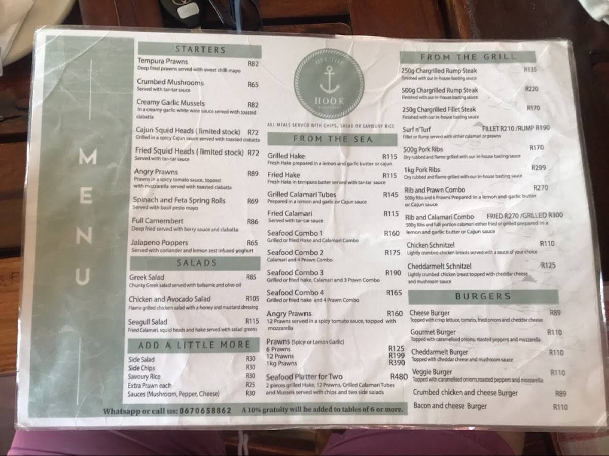 Menu at Off the Hook restaurant, Port Elizabeth
