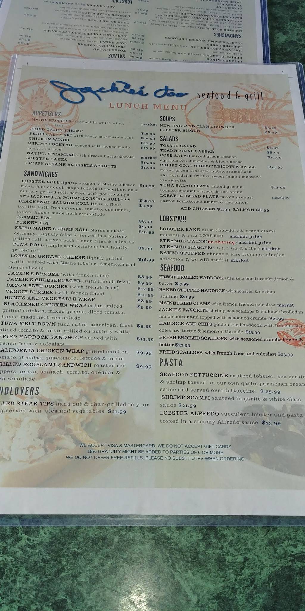 Menu at Jackie's Too pub & bar, Ogunquit, 91 Perkins Cove Rd