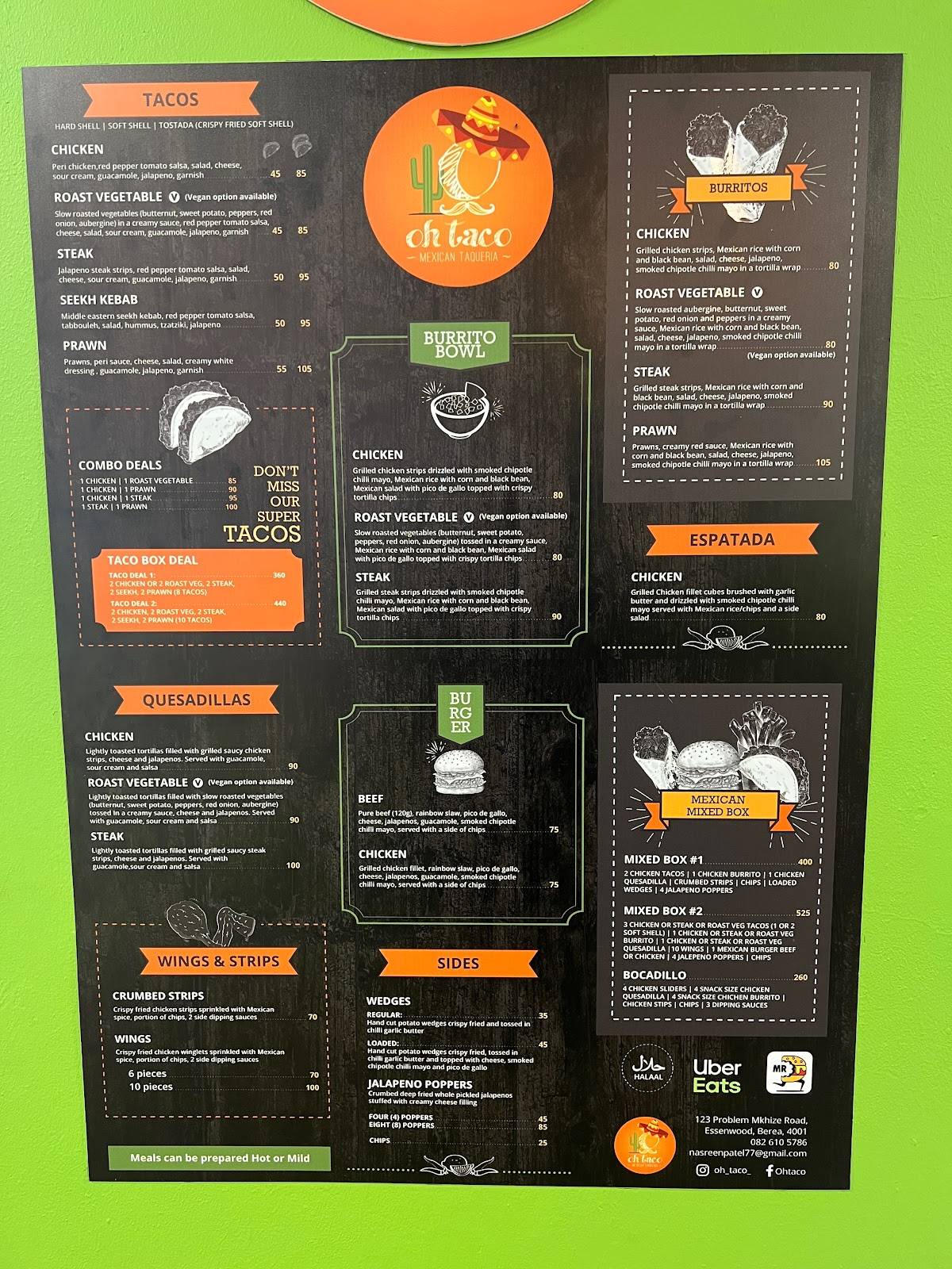 Menu at Oh taco restaurant, Durban