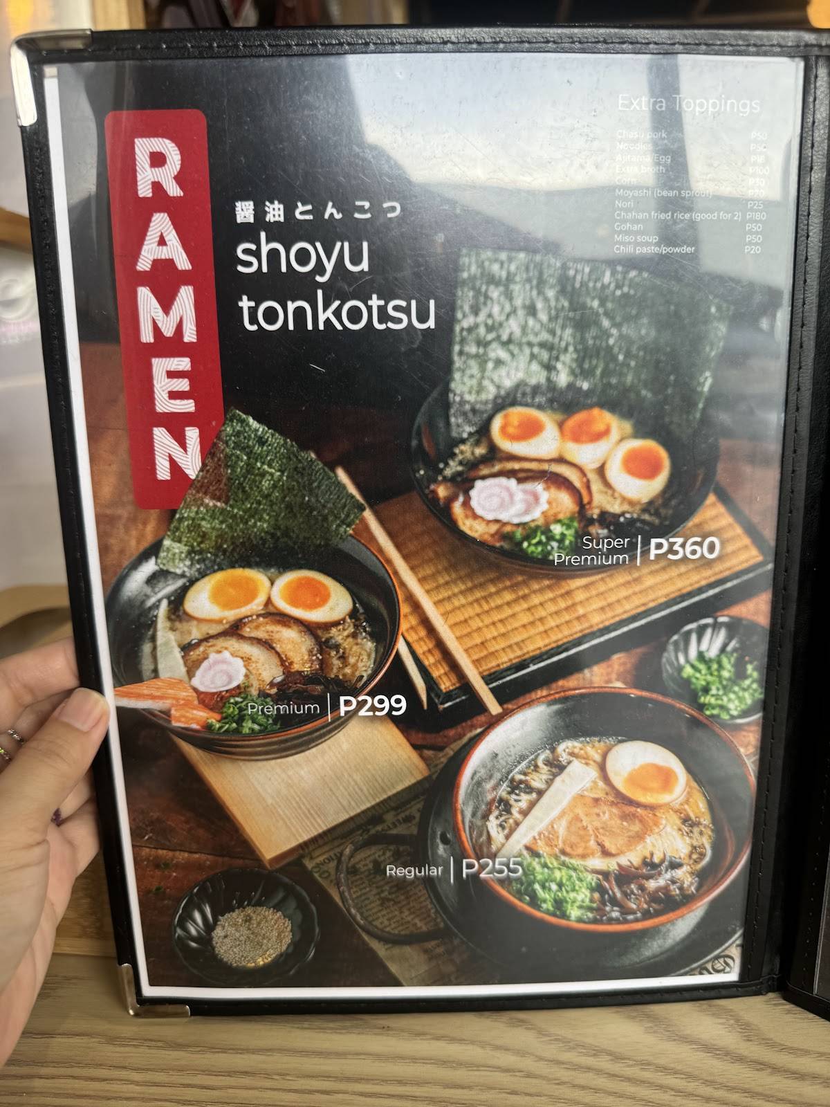 Menu at Oishi Ramen Bai restaurant, Davao City