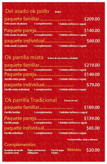Carta del restaurante Ok Pollo, Ciudad del México