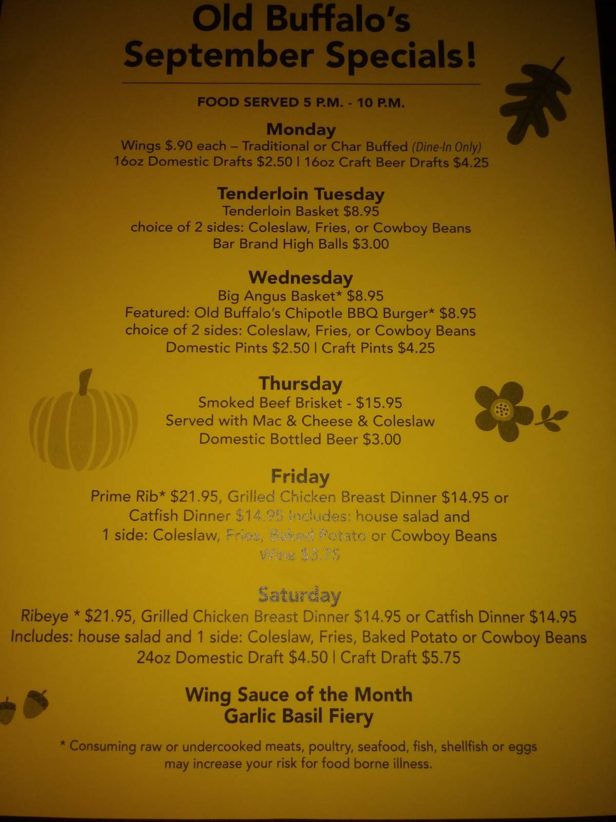 Menu at Old Buffalo's Outpost Bar and Grill, Lafayette