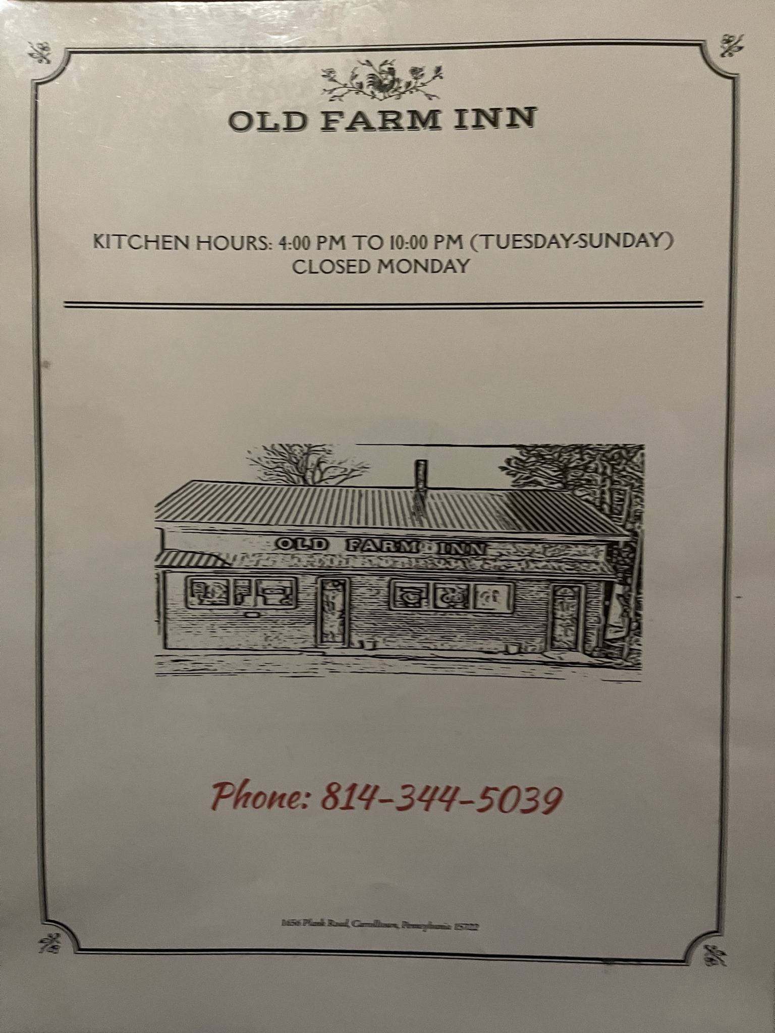 Menu at Old Farm Inn restaurant, Carrolltown