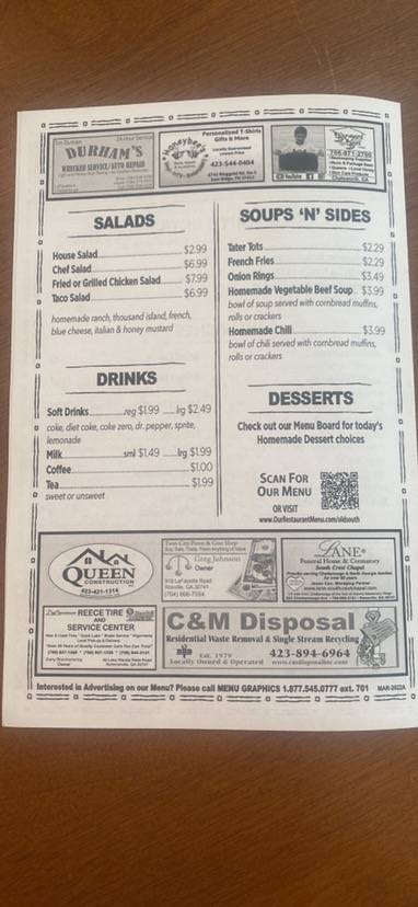 Menu at Old South Restaurant, Rossville