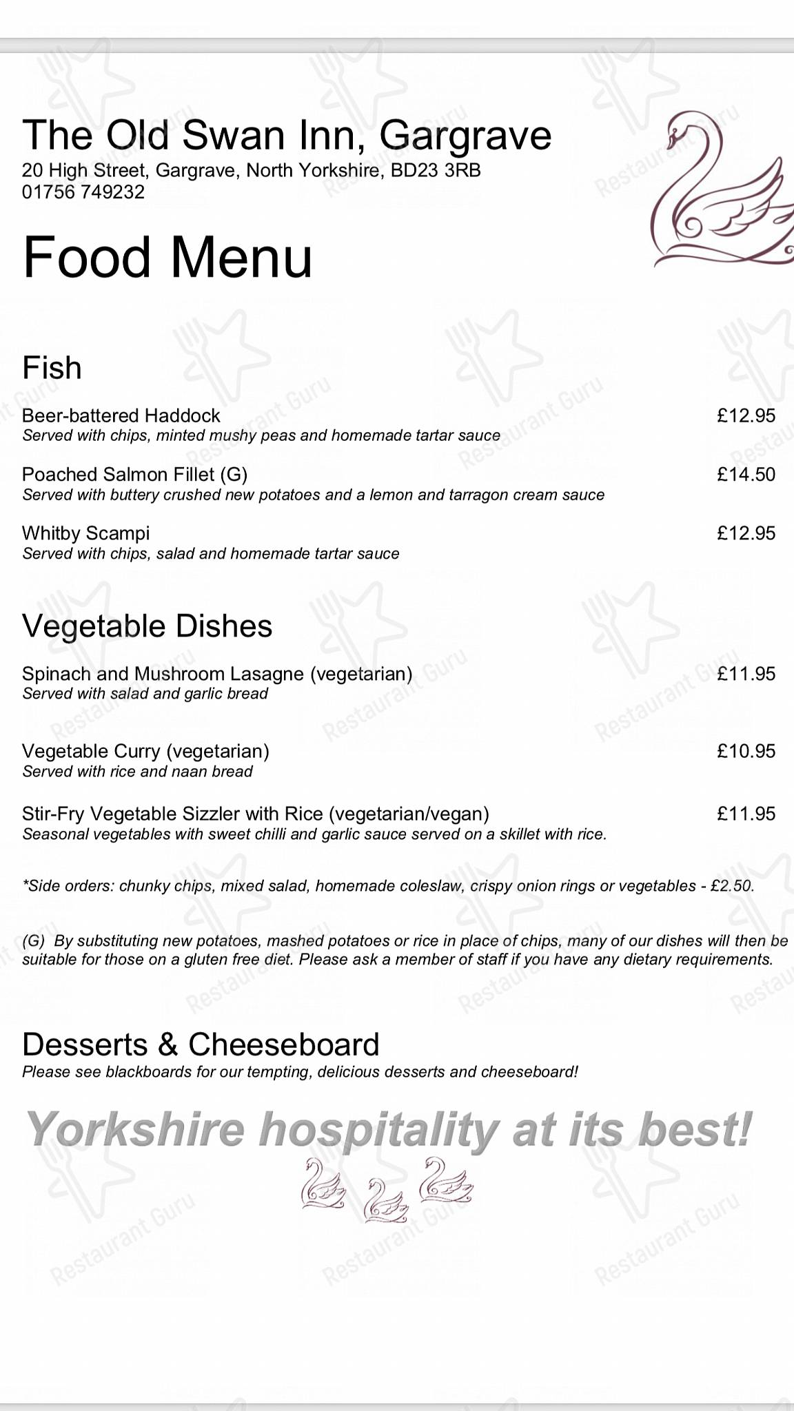 Menu at The Old Swan pub & bar, Gargrave