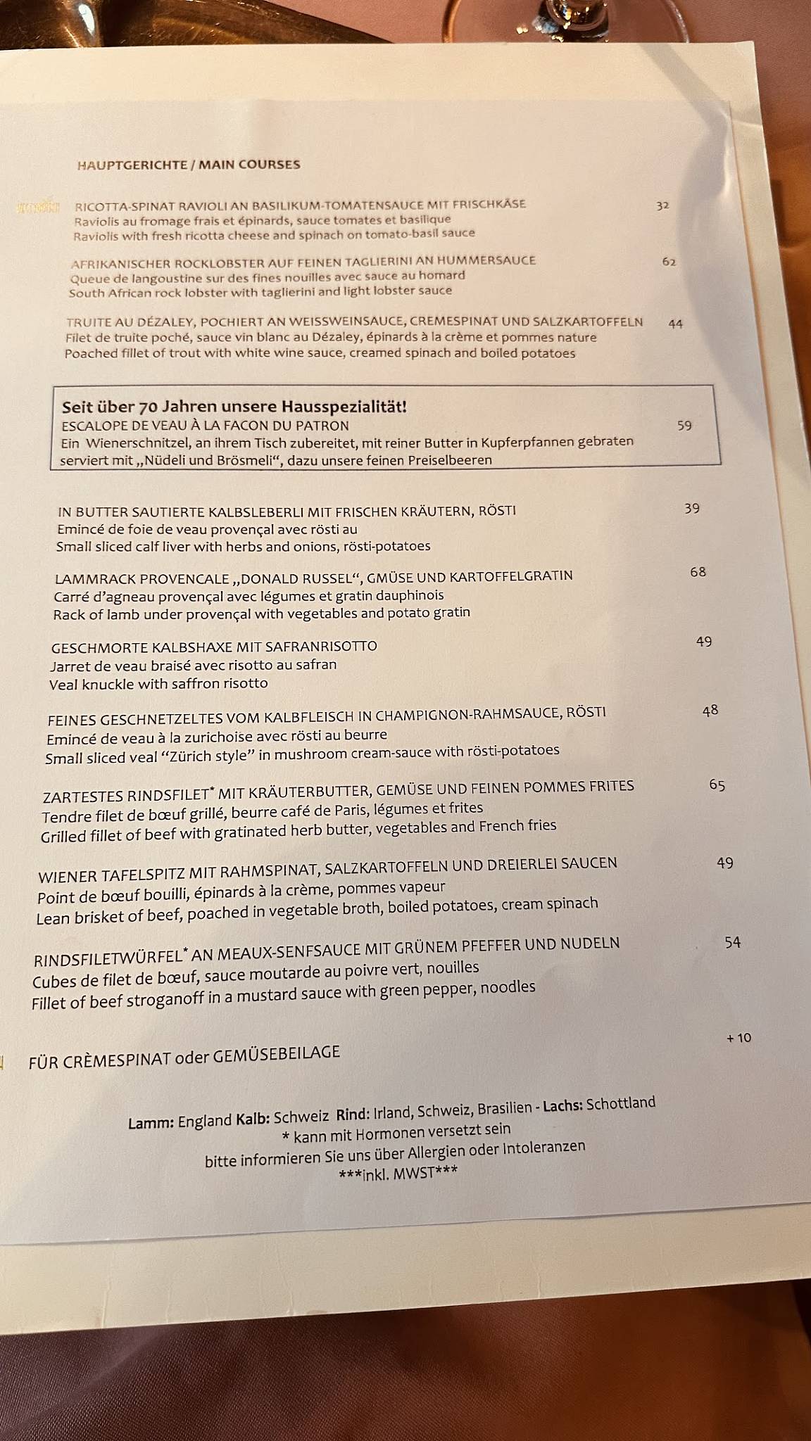 Menu at Old Swiss House, Lucerne, Löwenpl. 4