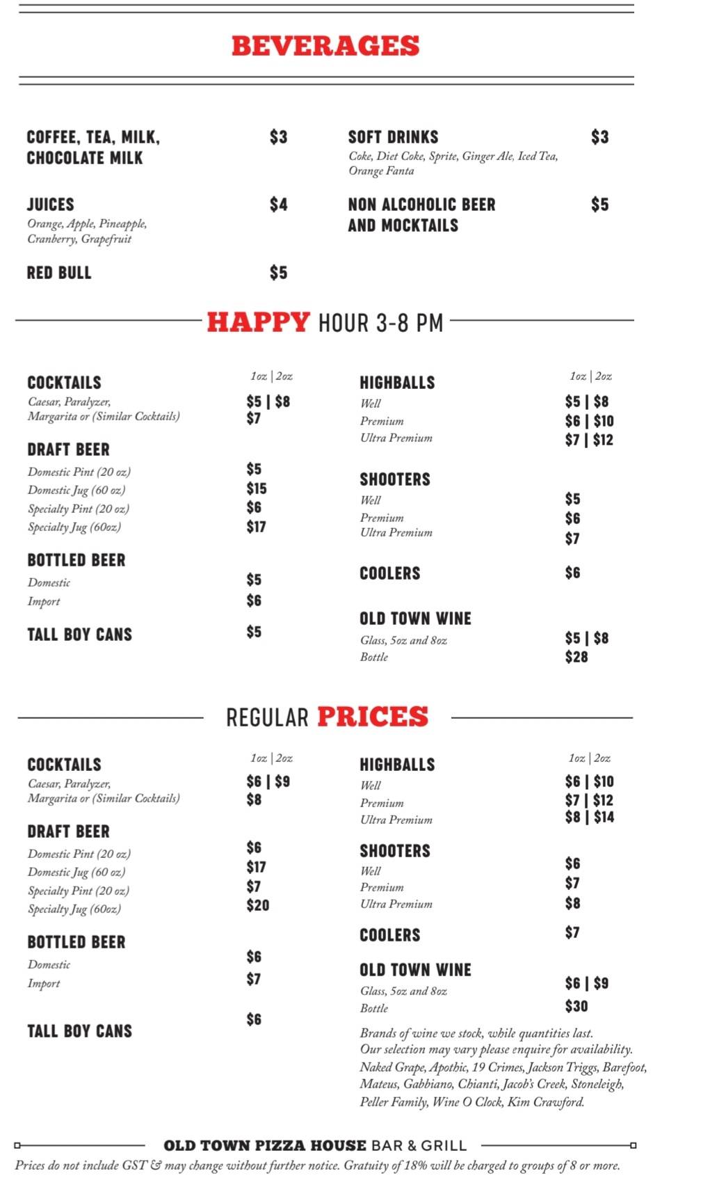 Menu at Old Town Pizza House Bar & Grill, Airdrie