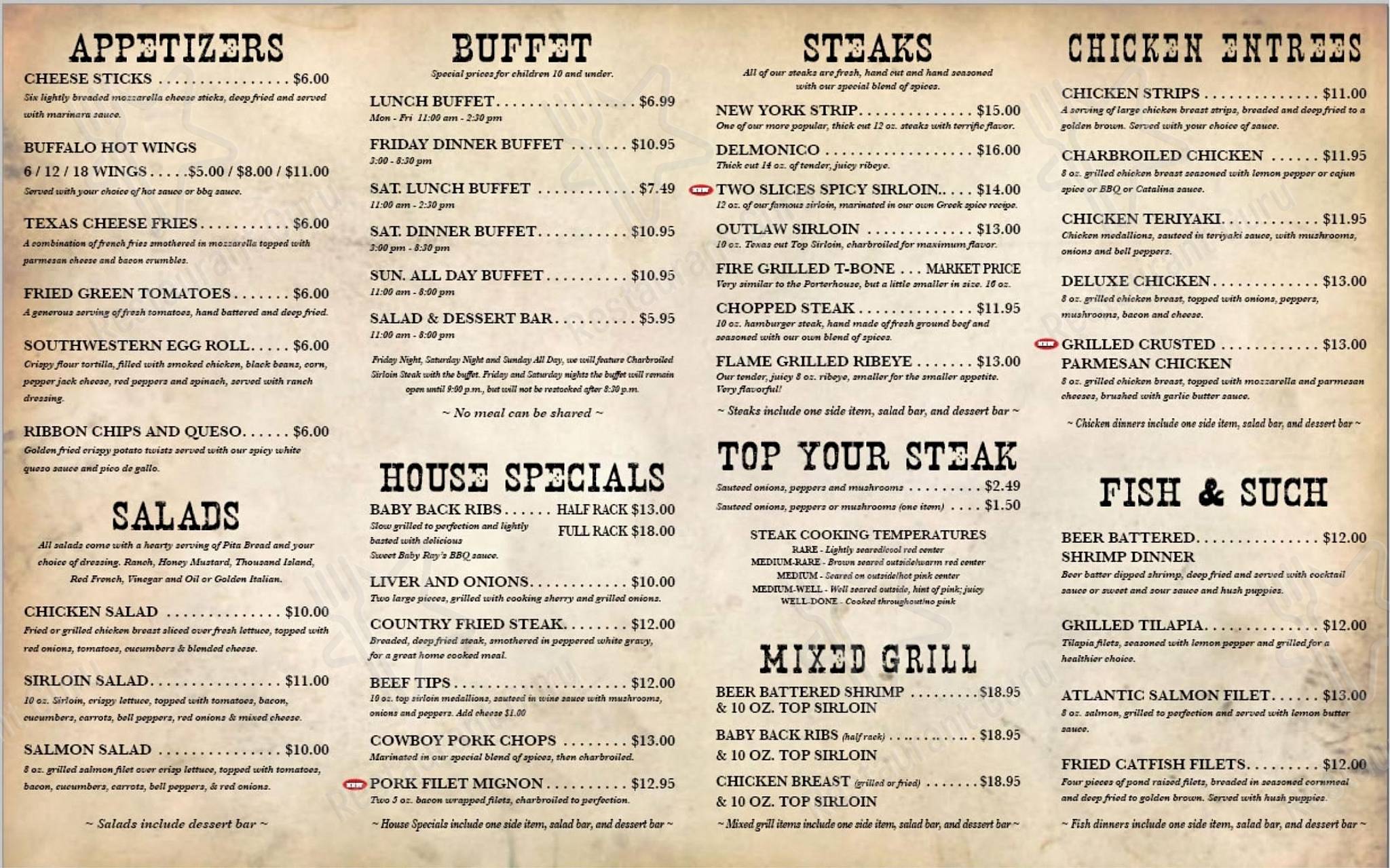 Menu at Old West Steakhouse - Paris, Paris