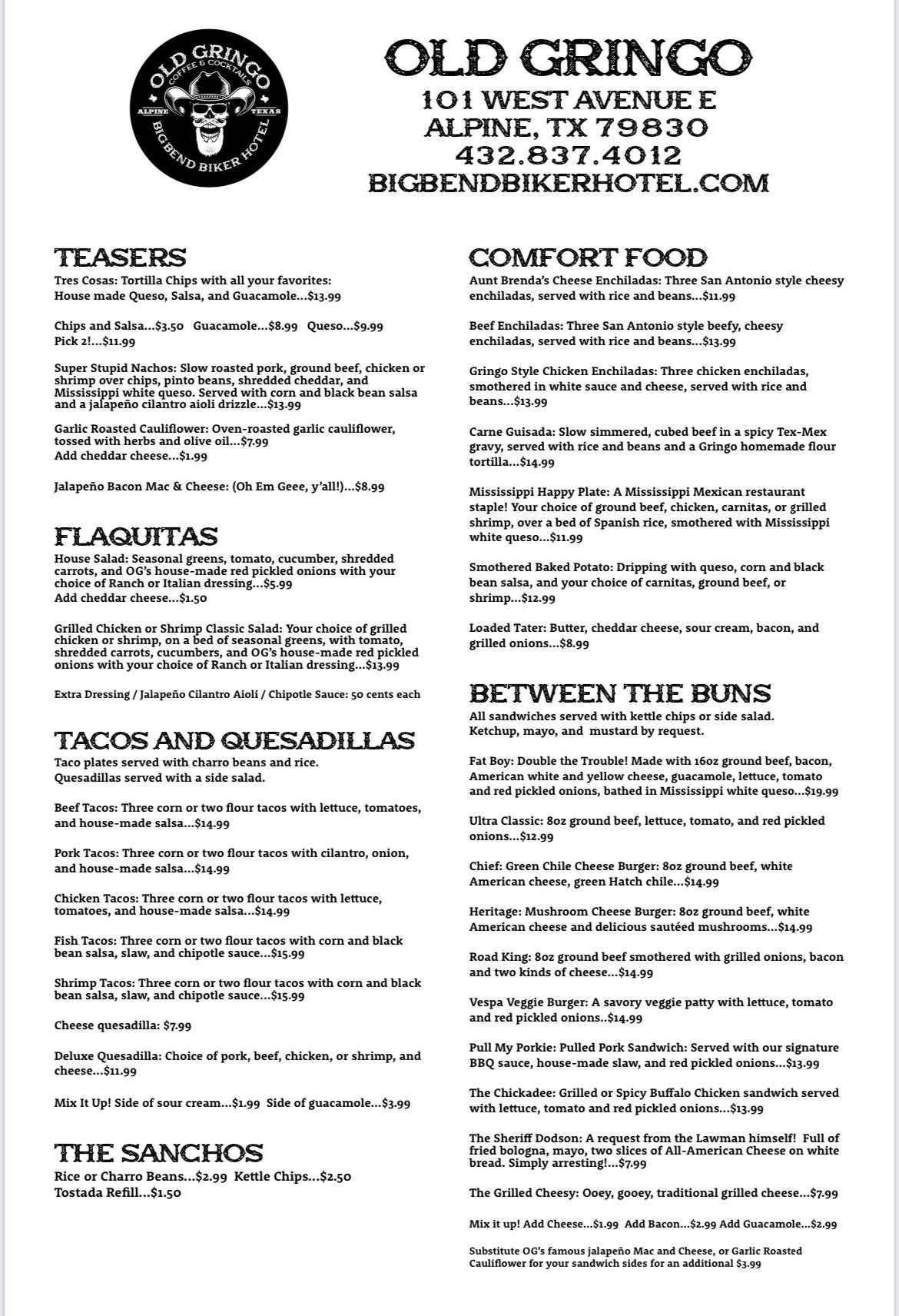 Menu at Old Gringo Bar and Restaurant, Alpine