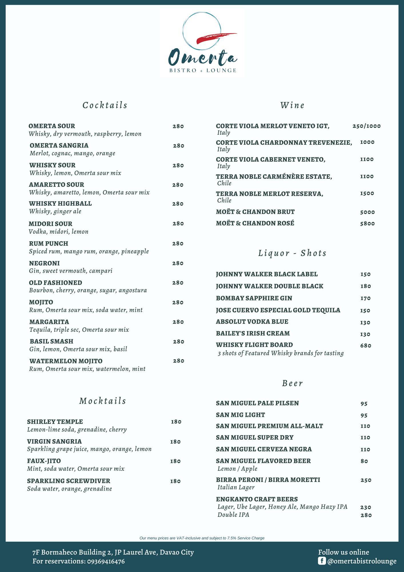 Menu at Omerta Bistro + Lounge restaurant, Davao City