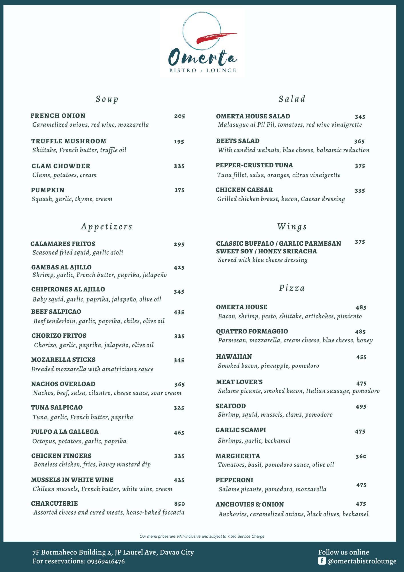Menu at Omerta Bistro + Lounge restaurant, Davao City