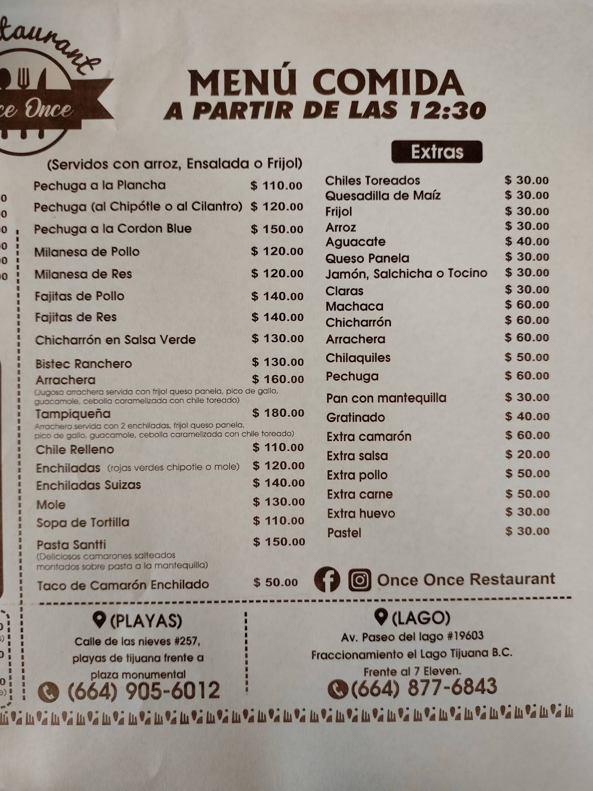 Carta de Once Once Restaurant, Tijuana, C. de la Nieve 257