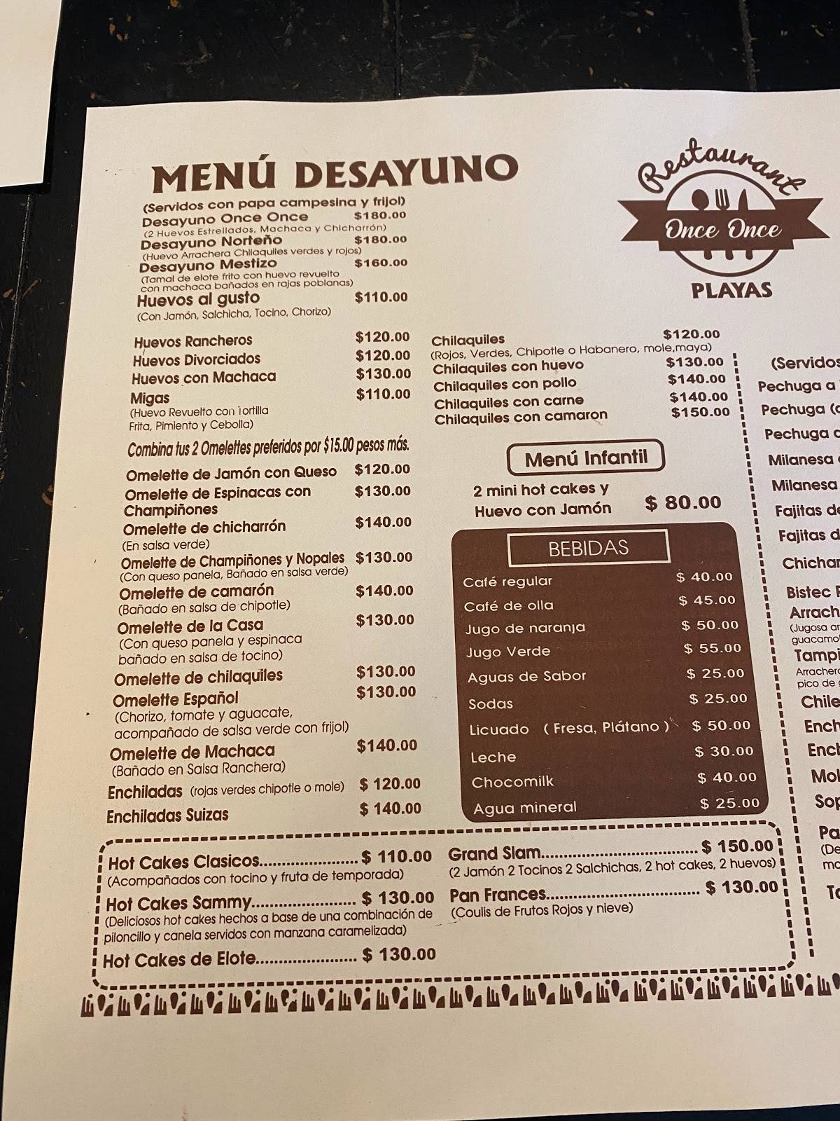 Carta de Once Once Restaurant, Tijuana, C. de la Nieve 257