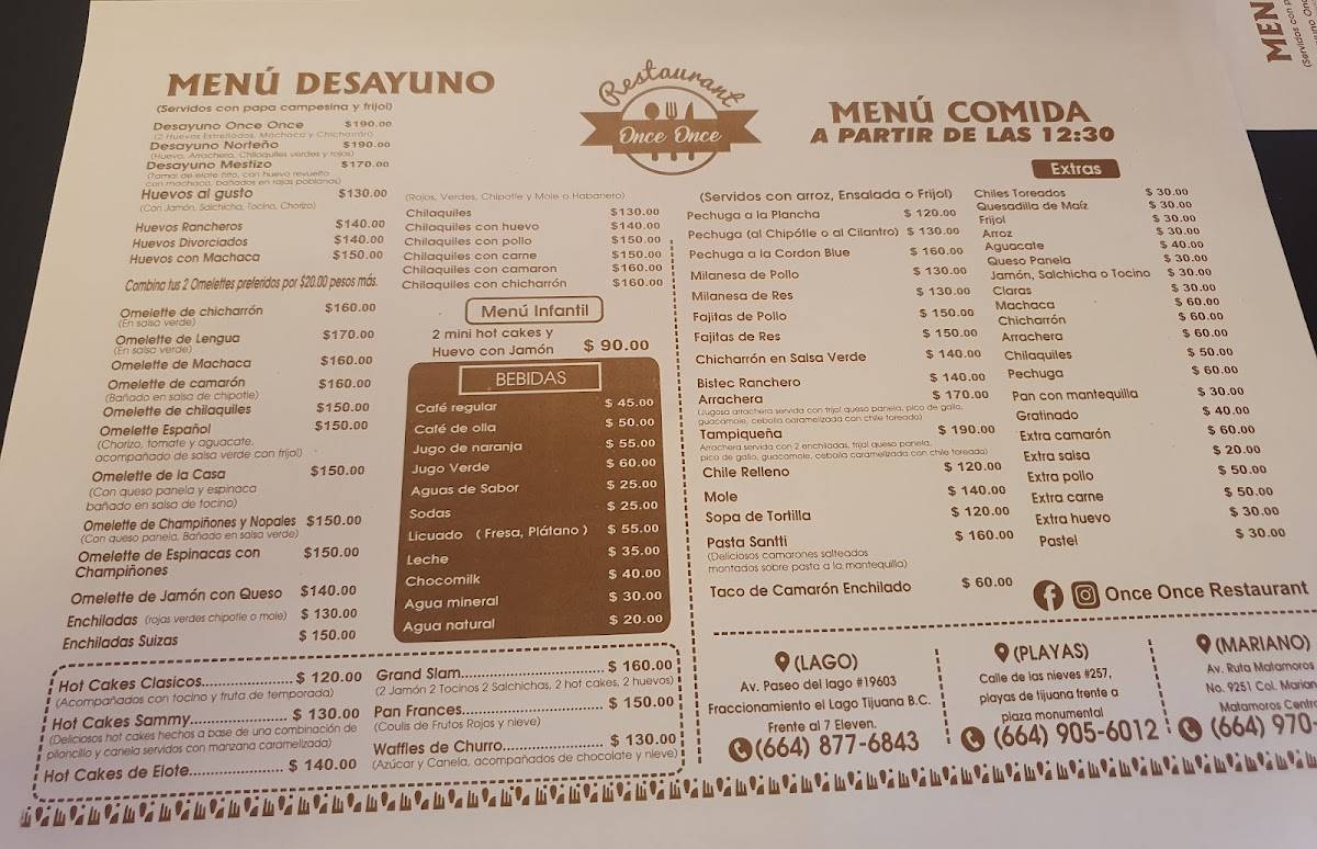 Carta de Once Once Restaurant, Tijuana, C. de la Nieve 257