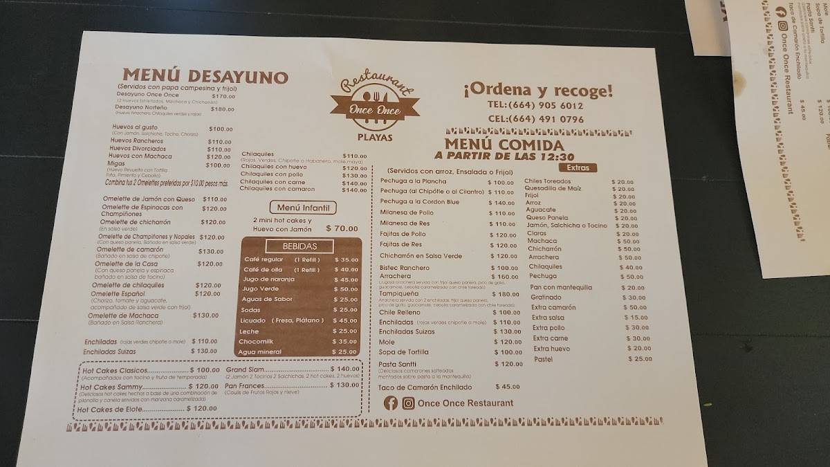 Carta de Once Once Restaurant, Tijuana, C. de la Nieve 257