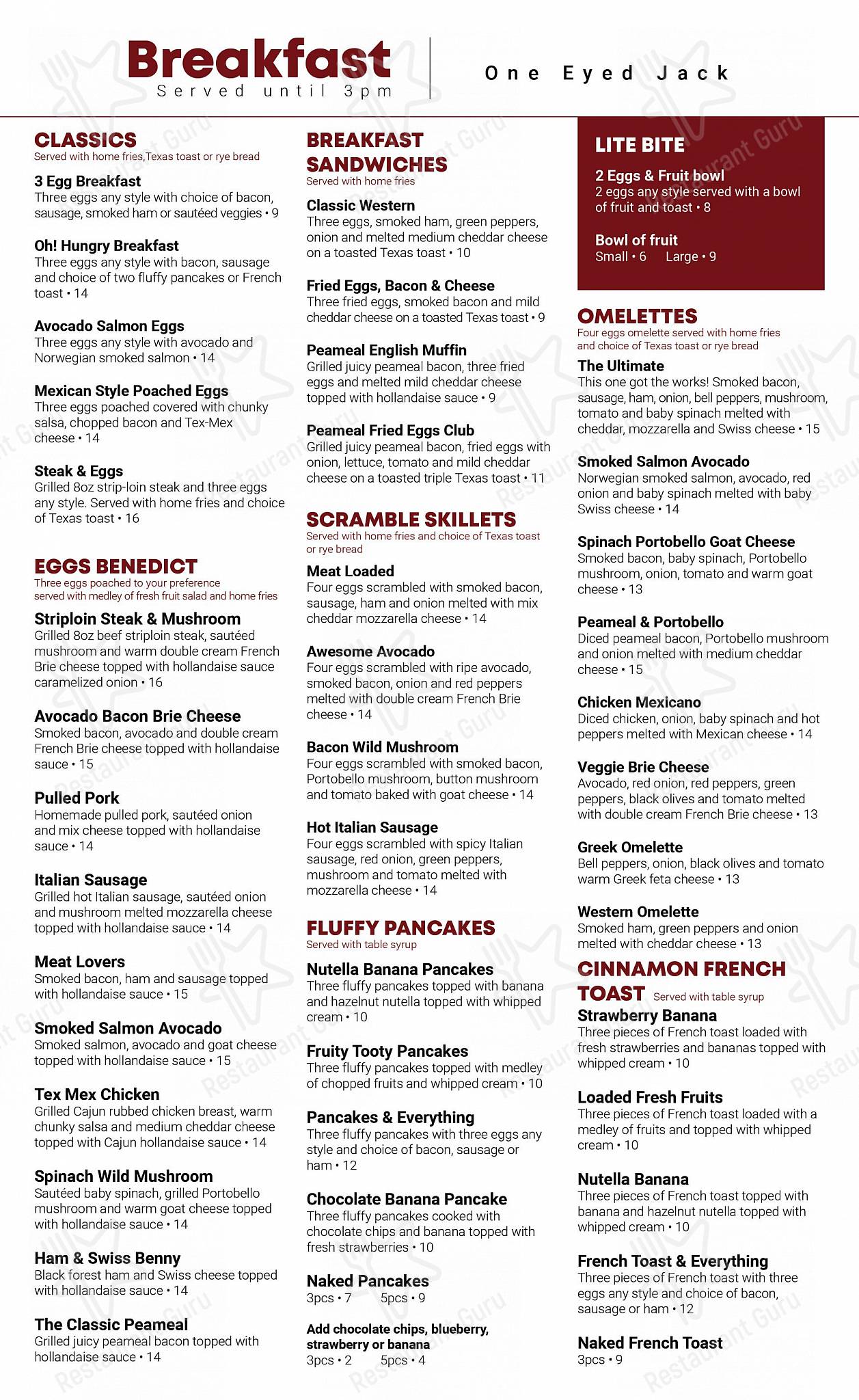 Menu at One Eyed Jack Peterborough pub & bar, Peterborough