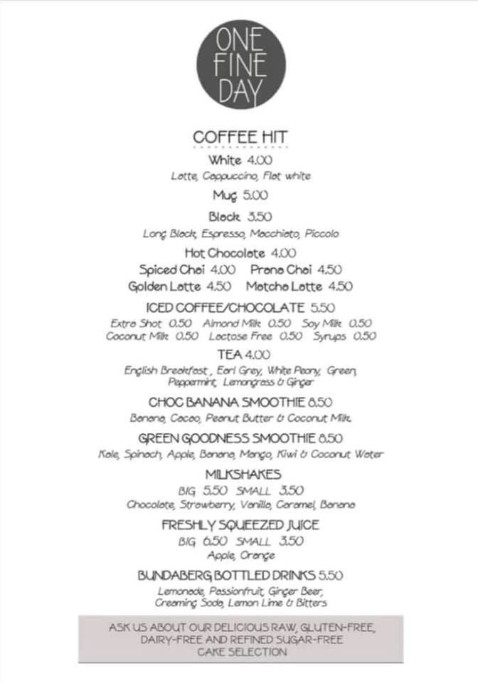 Menu at One Fine Day Cafe, Beaconsfield