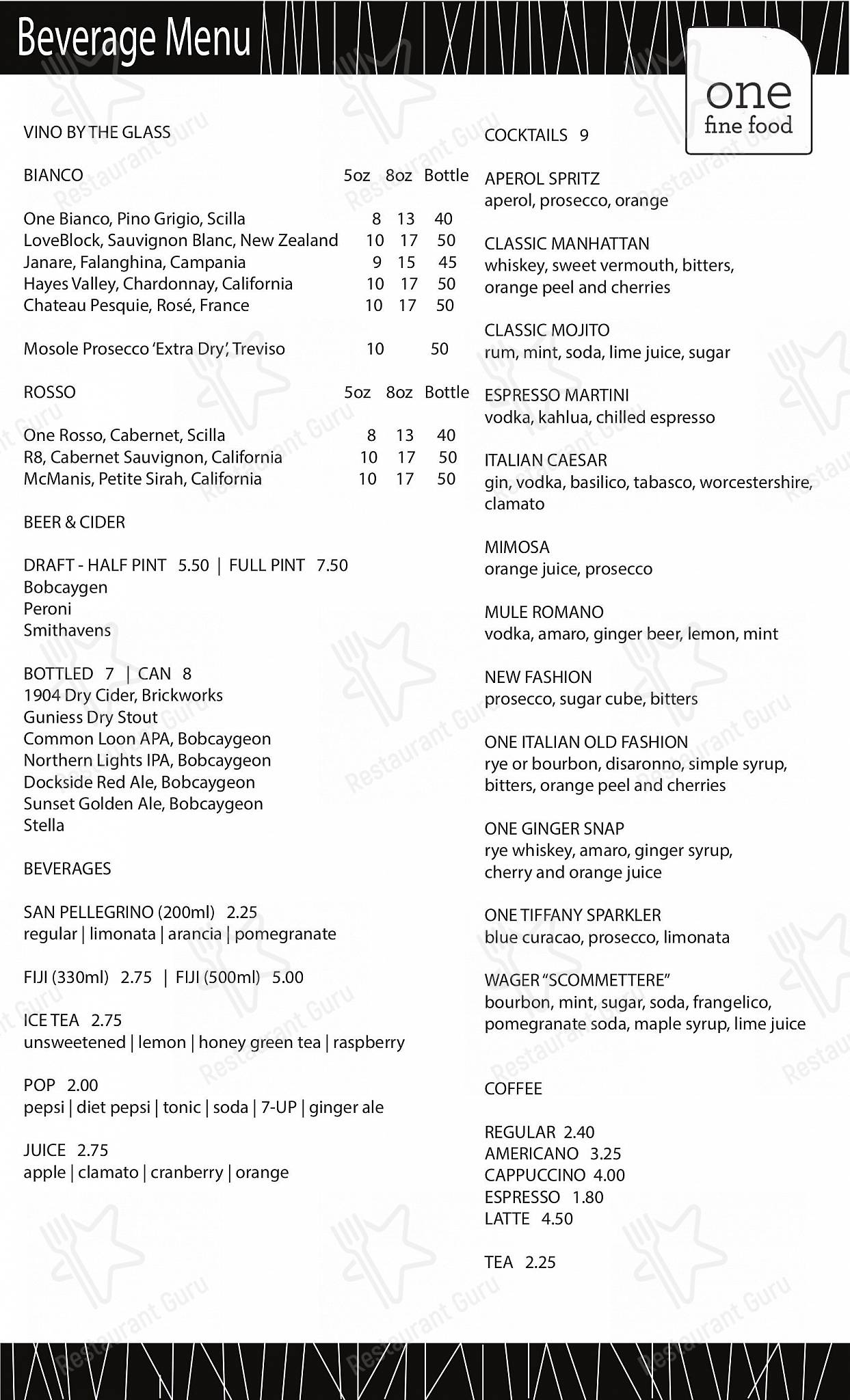 Menu at One Fine Food cafe, Peterborough