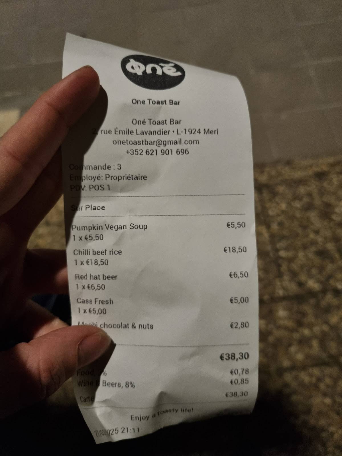 Menu at Oné Toast Bar, Luxembourg City
