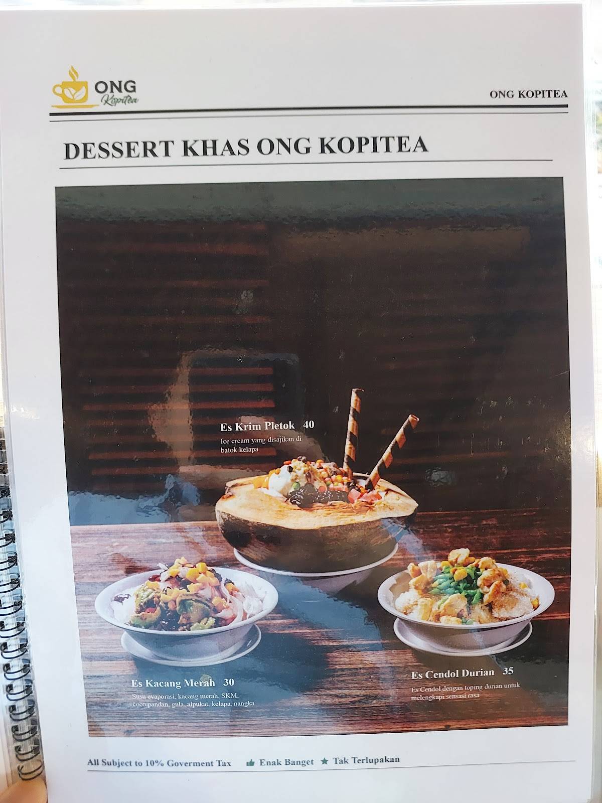Menu at Ong Kopi Tea restaurant, Samarinda