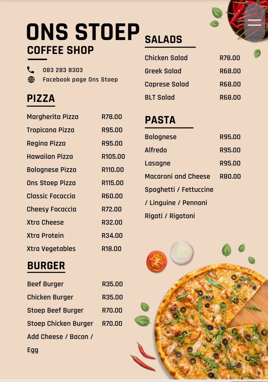 Menu at Ons Stoep restaurant, Edenvale