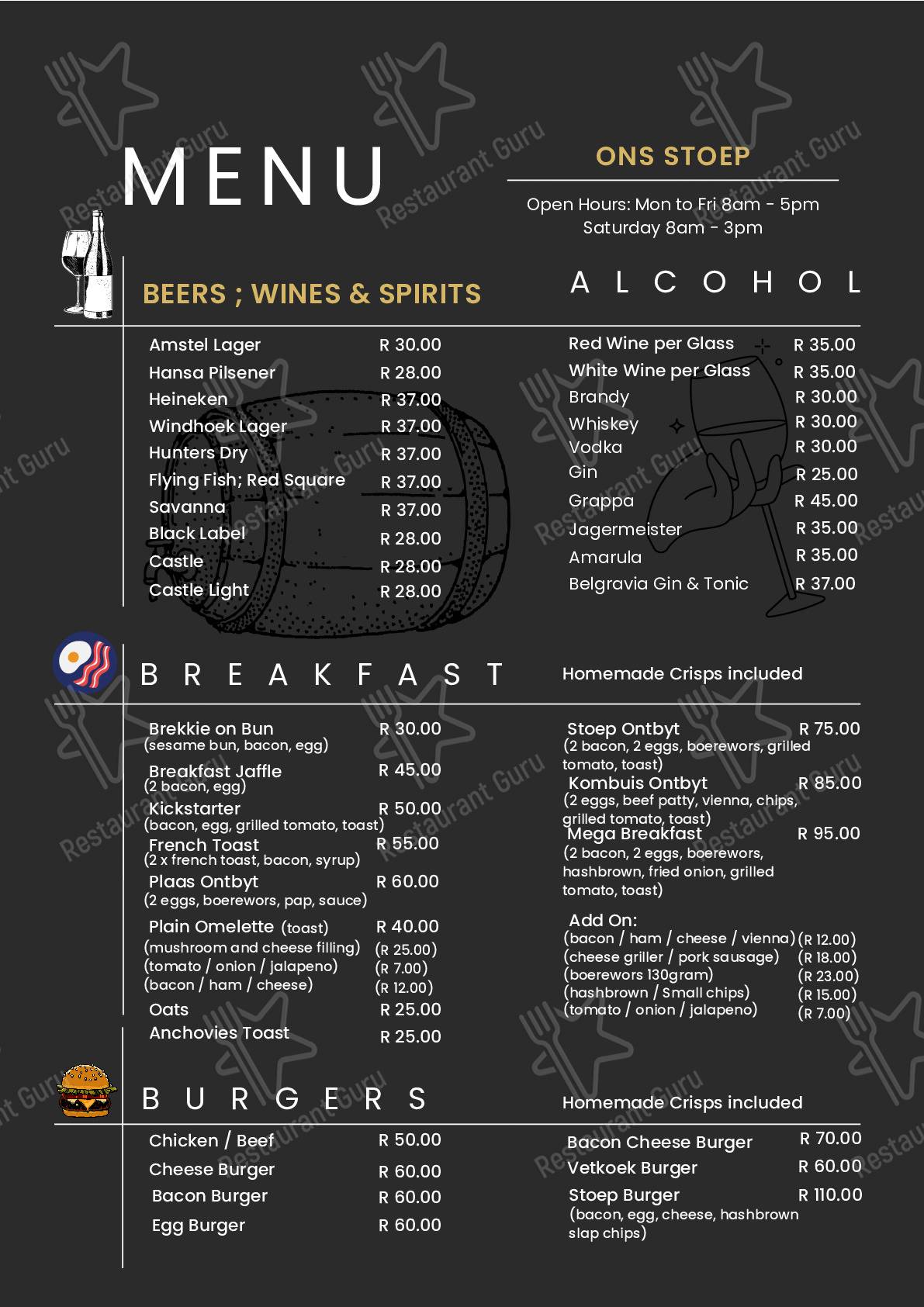 Menu at Ons Stoep restaurant, Edenvale