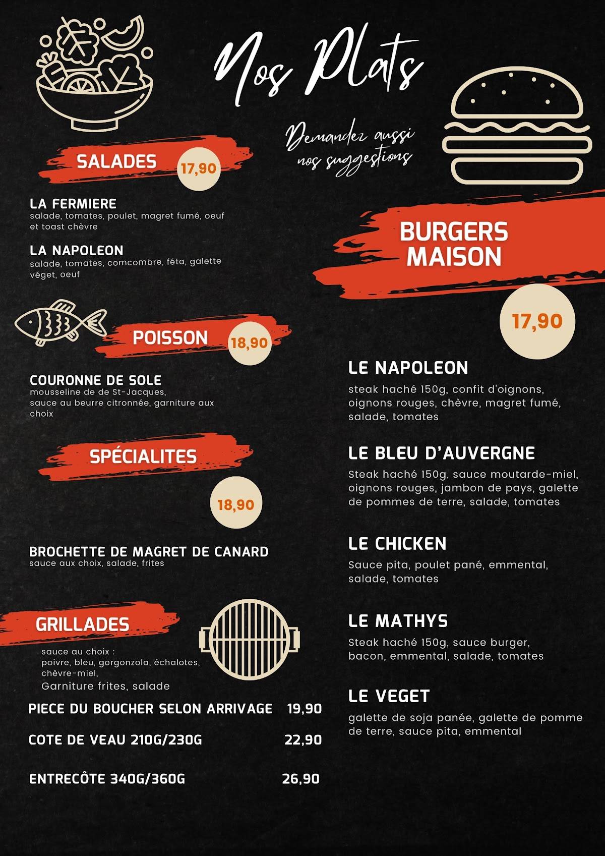 Menu au Chez Napoléon restaurant, Onzain
