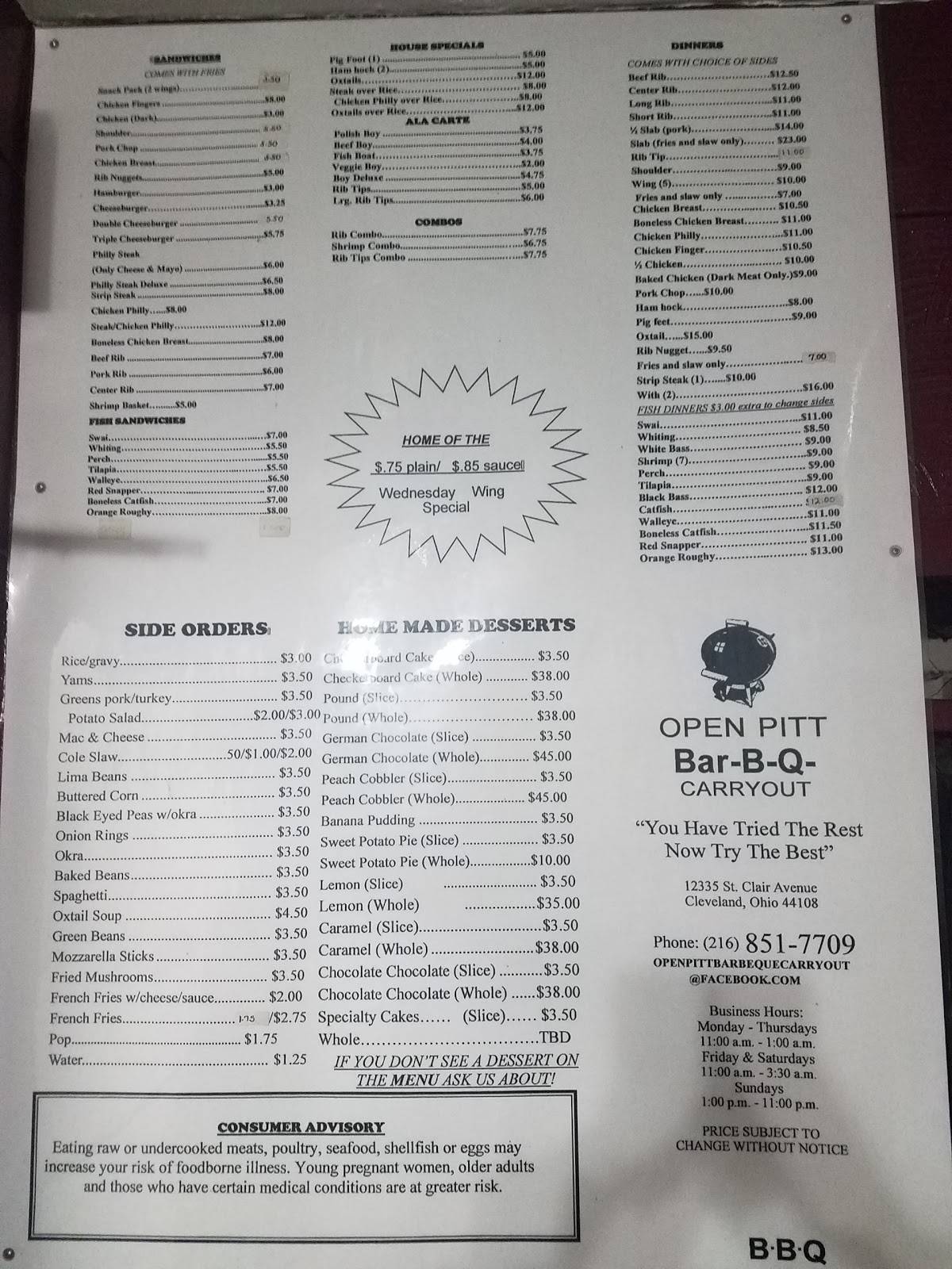 Menu at Open Pitt Bar-B-Que, Cleveland