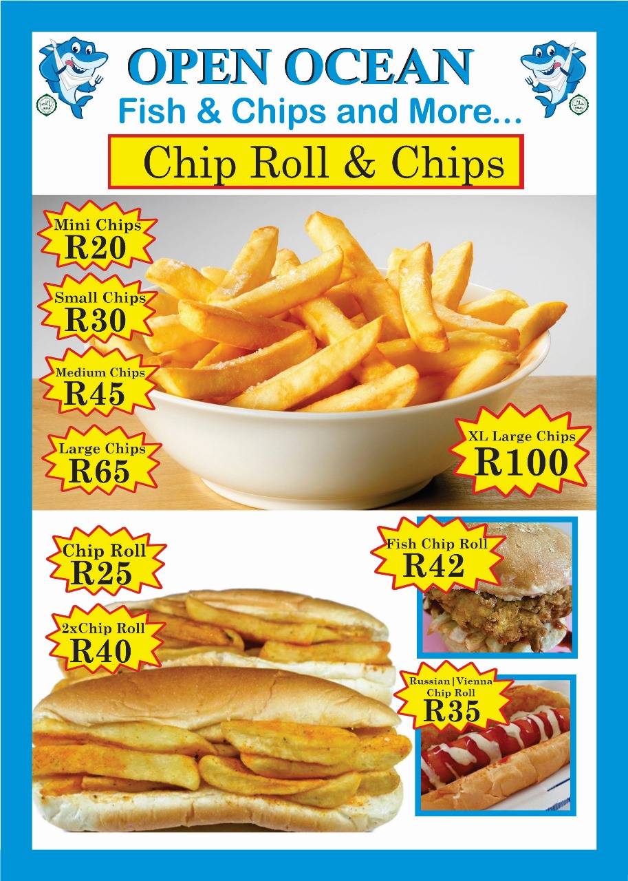 Menu at Open ocean fish and chips halal restaurant, Langebaan