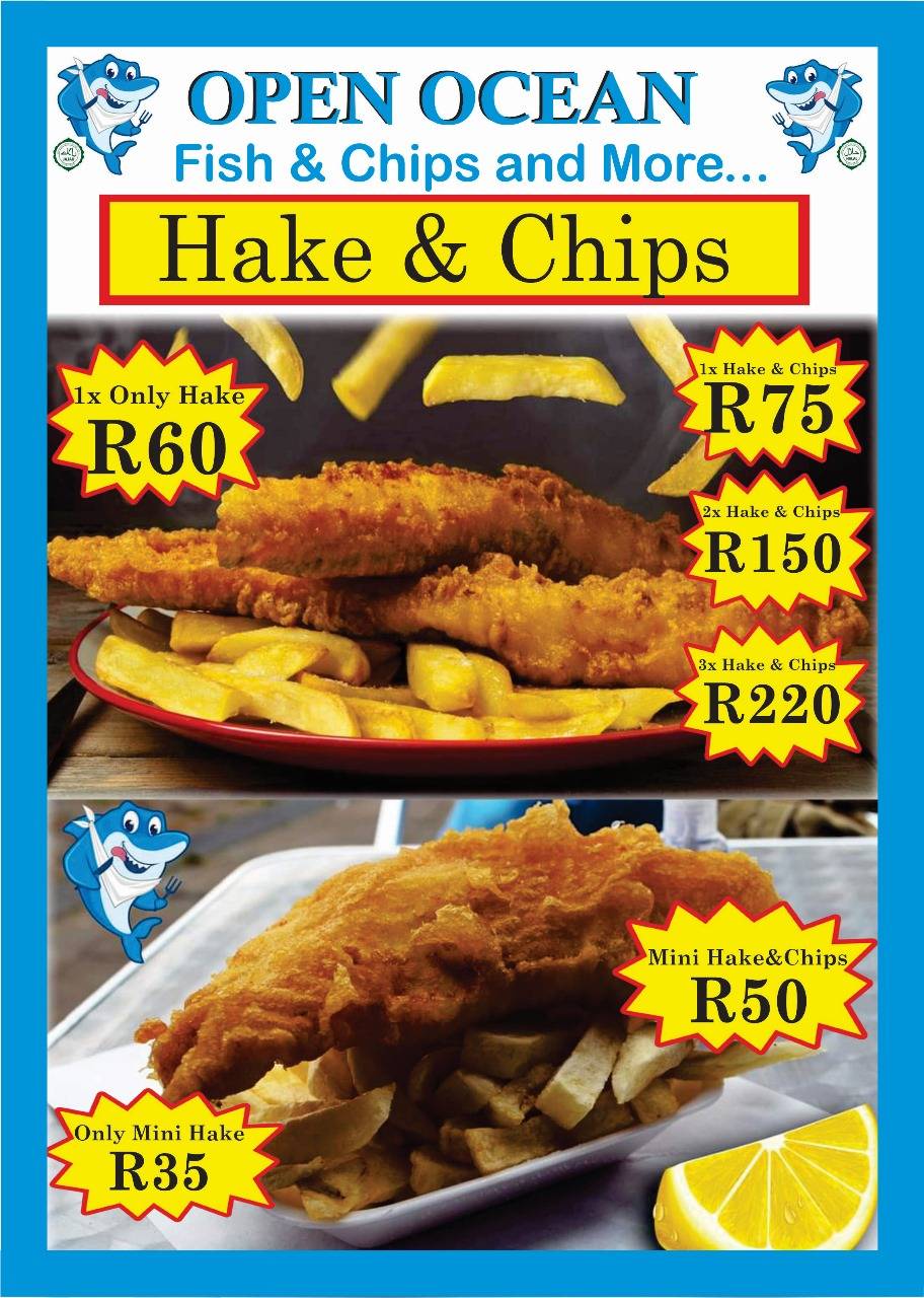 Menu at Open ocean fish and chips halal restaurant, Langebaan