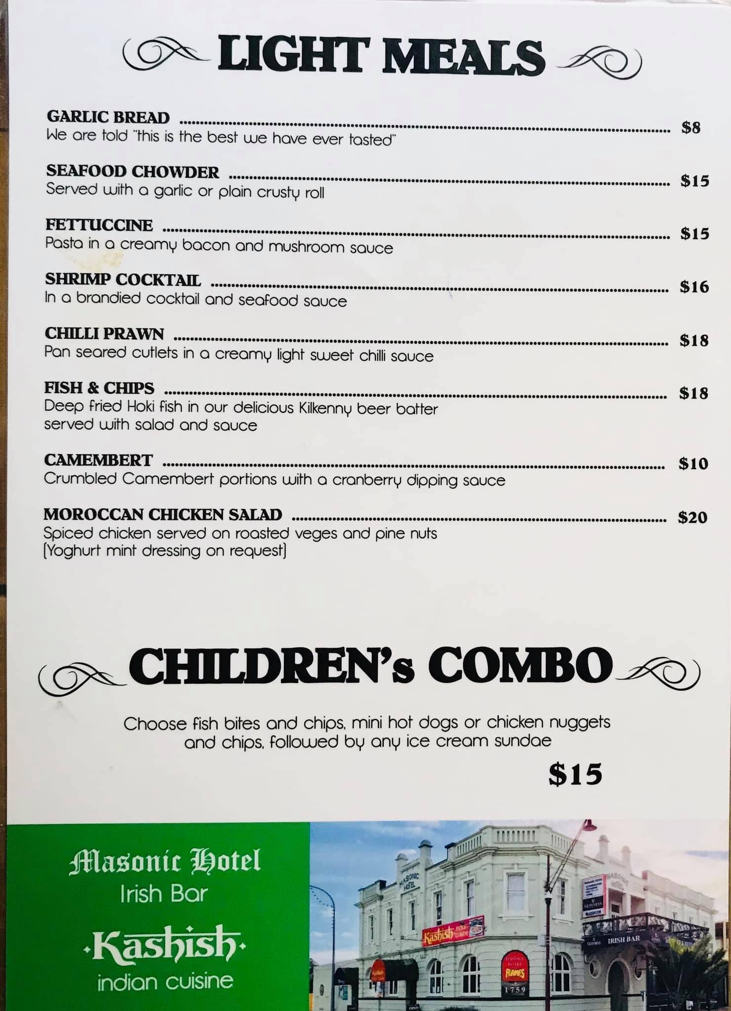 Menu at Masonic Hotel Irish Bar & Restaurant, Opotiki