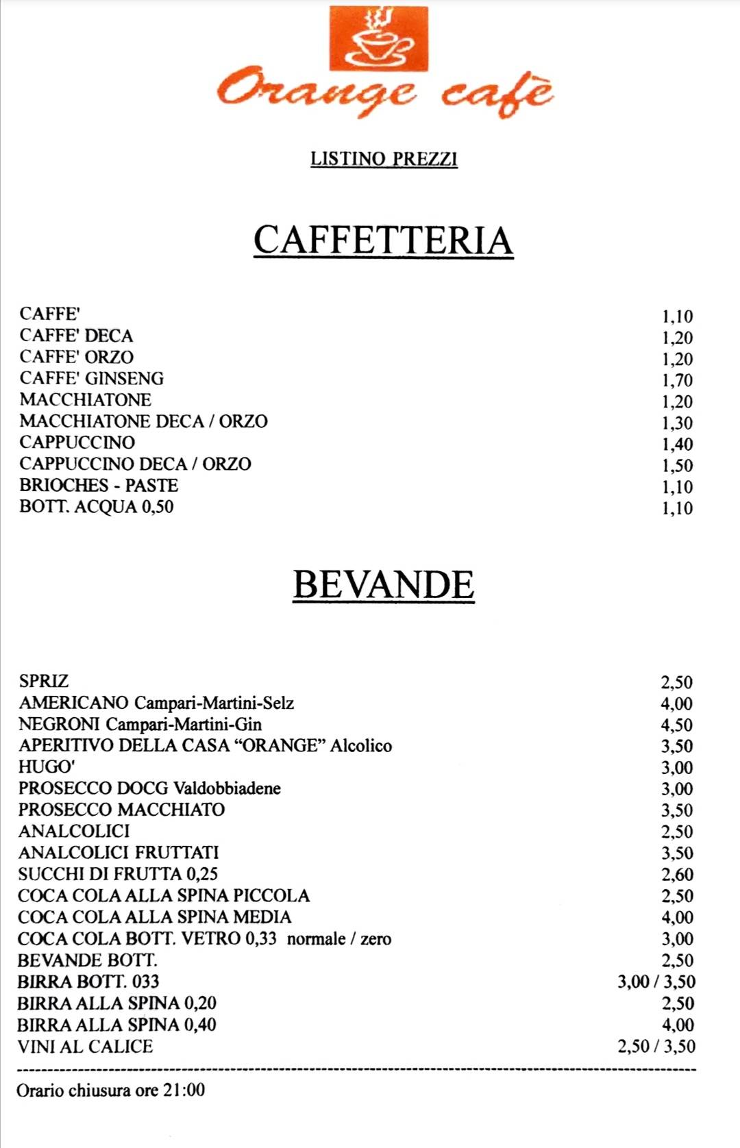 Carta de Orange Cafe, Padua, Via Curzola