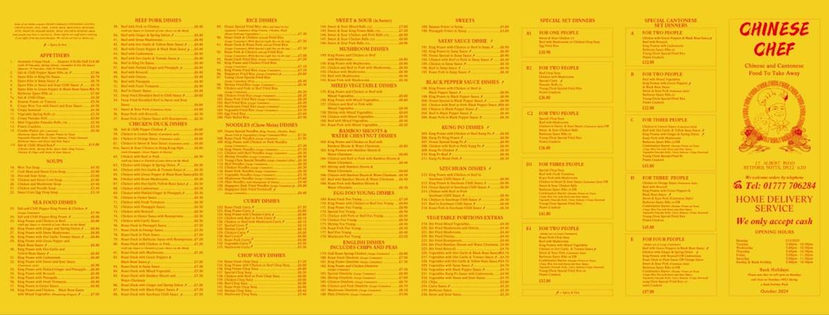 Menu at CHINESE CHEF restaurant, Retford