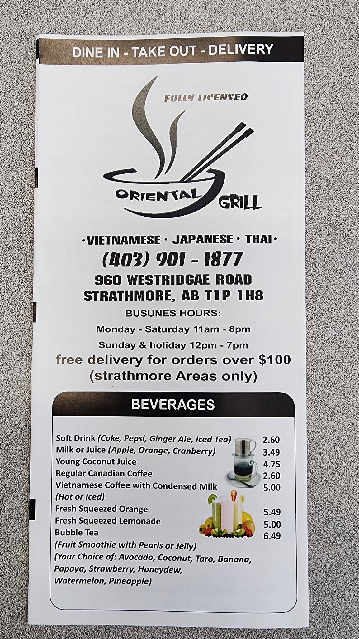 Menu at Oriental Grill restaurant, Strathmore, 960 Westridge Rd