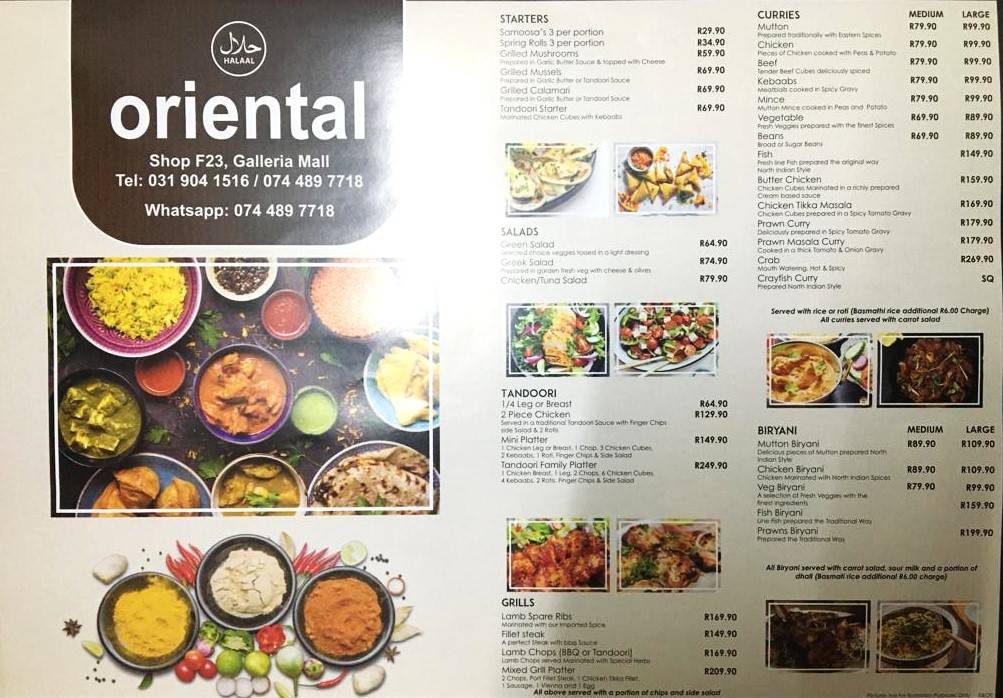 Menu at Oriental Restaurant Galleria Mall, Amanzimtoti