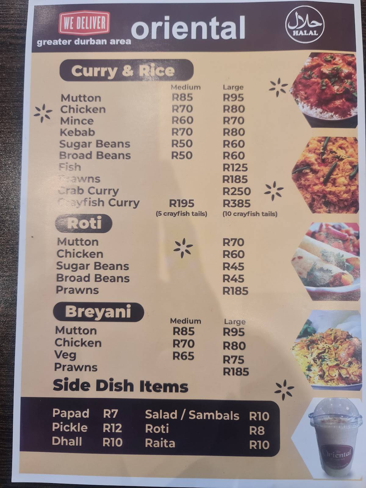 Menu at Orientals restaurant, Durban