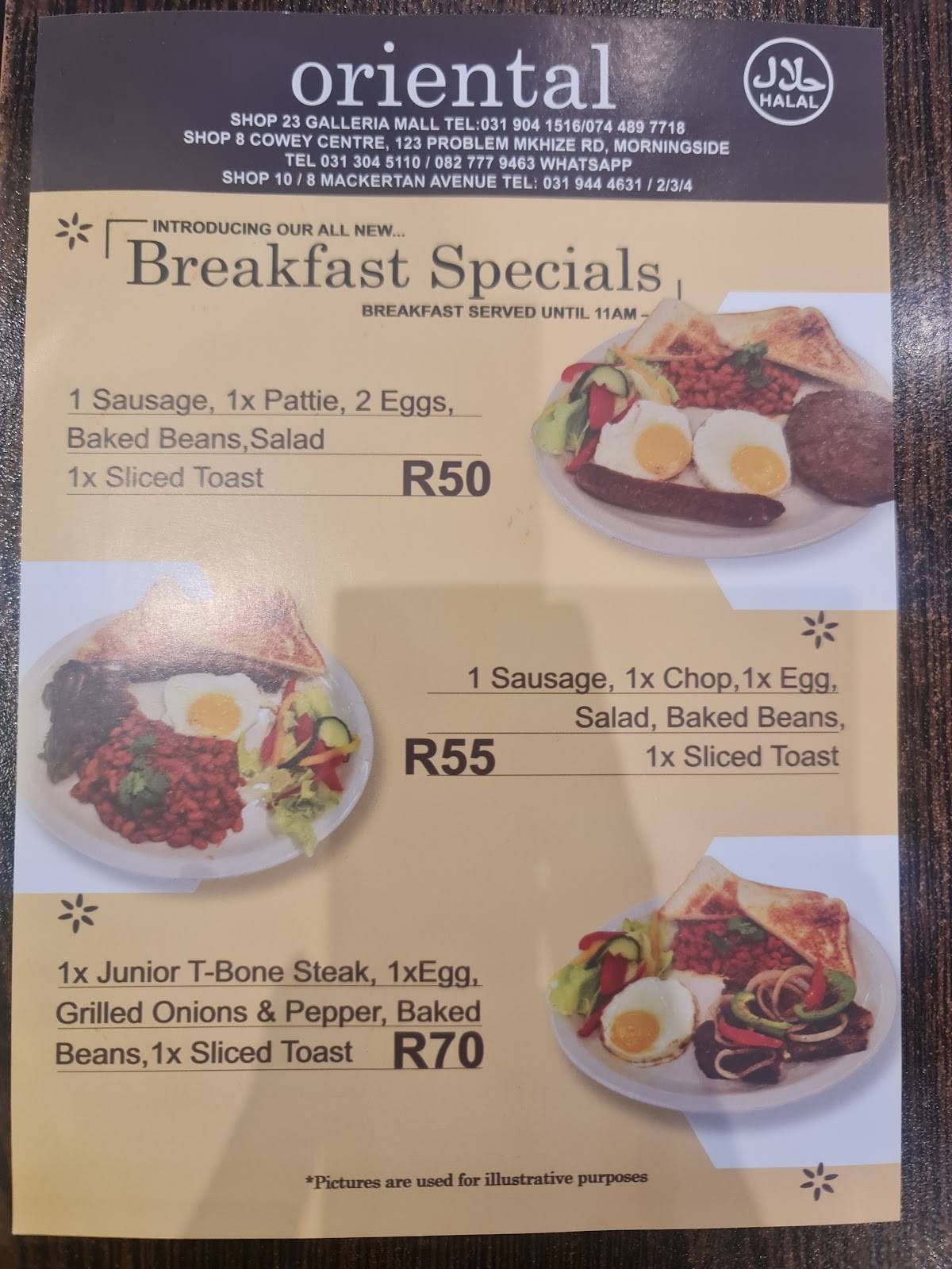 Menu at Orientals restaurant, Durban