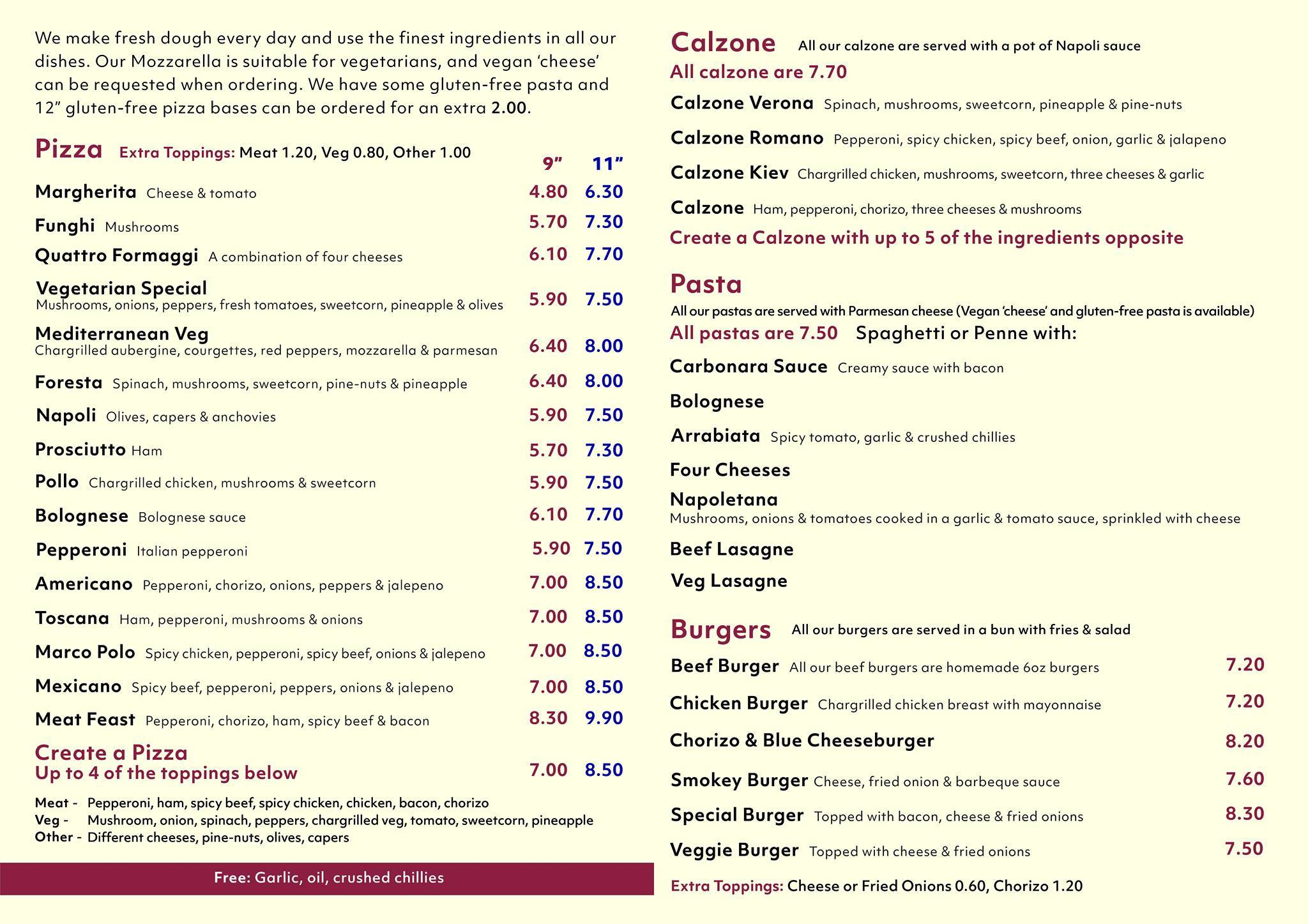 Menu at Origano Hebden Bridge restaurant, Hebden Bridge