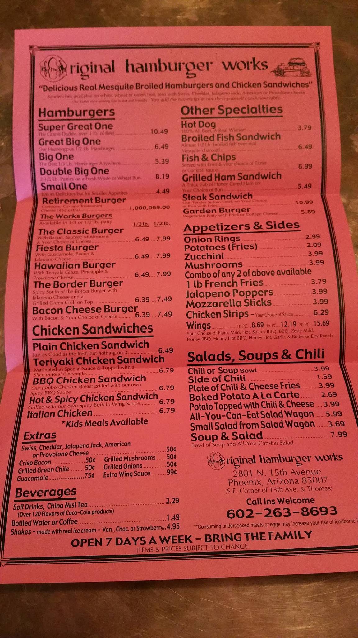 Menu at Original Hamburger Works pub & bar, Phoenix