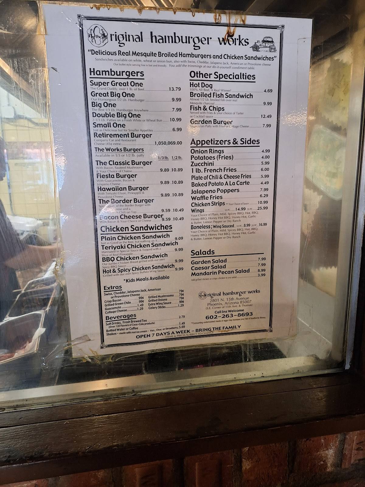 Menu at Original Hamburger Works pub & bar, Phoenix
