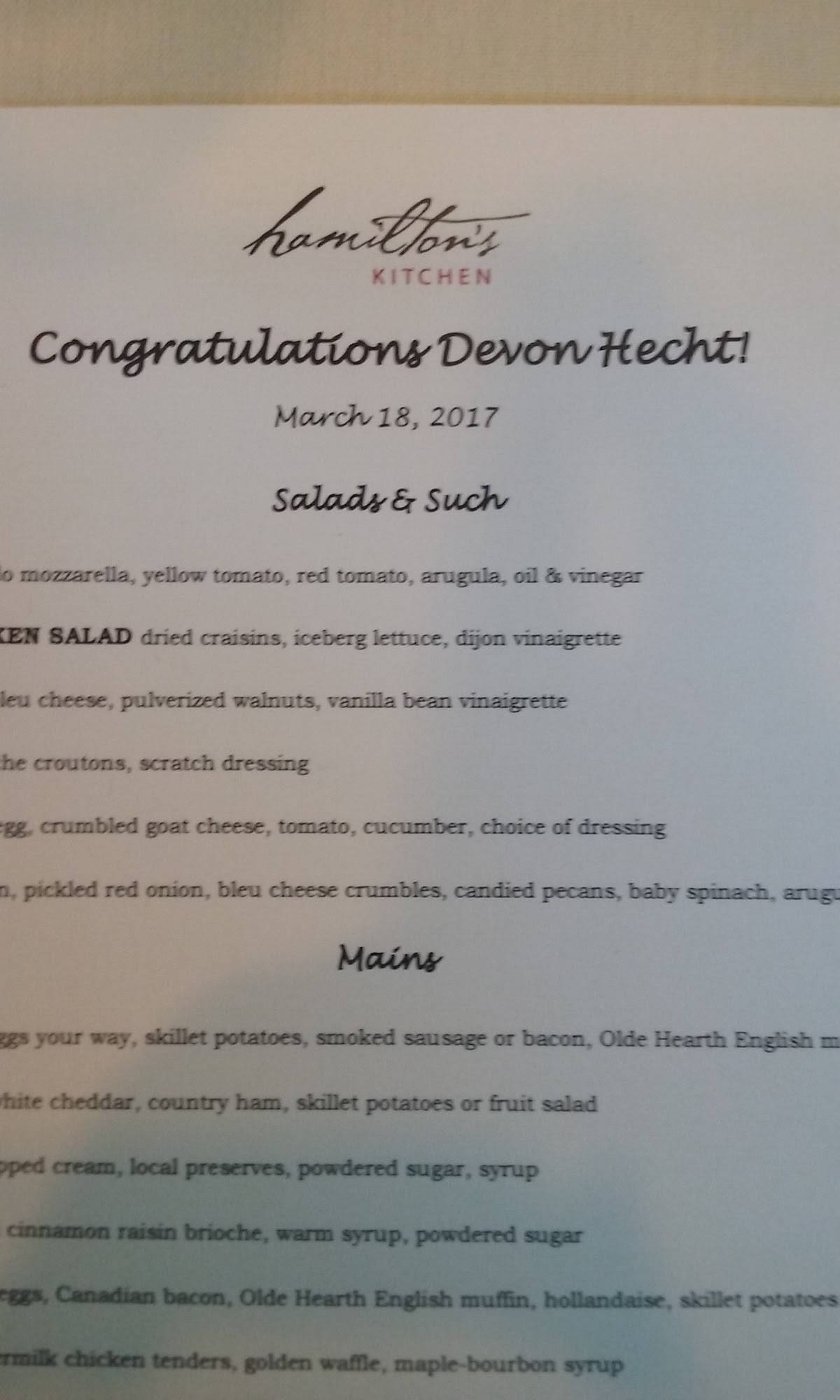 Menu at Hamilton's Kitchen restaurant, Winter Park