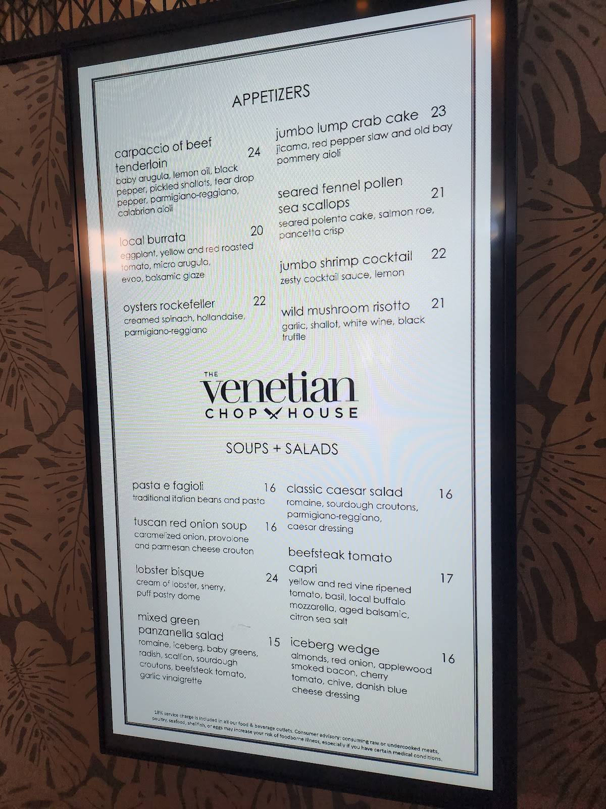 Menu at The Venetian Chop House steakhouse, Orlando