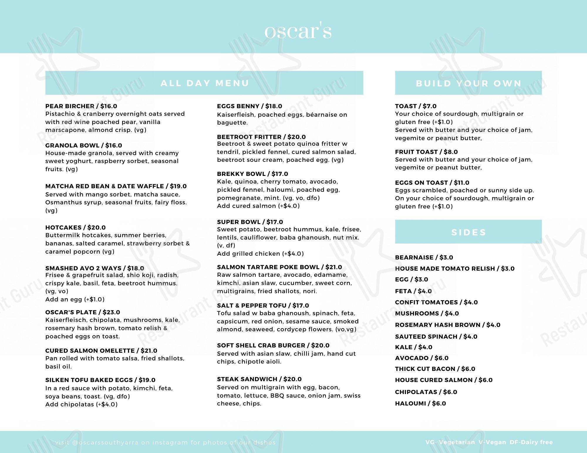 Menu at Oscar's Cafe & Bar, South Yarra