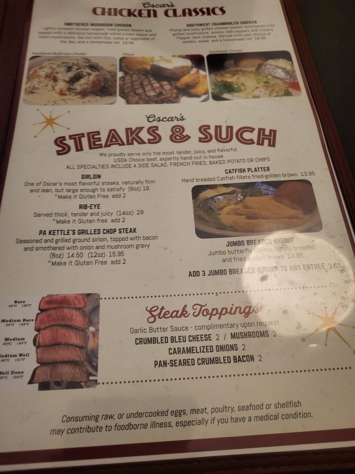 Menu at Oscar's Classic Diner steakhouse, Jefferson City