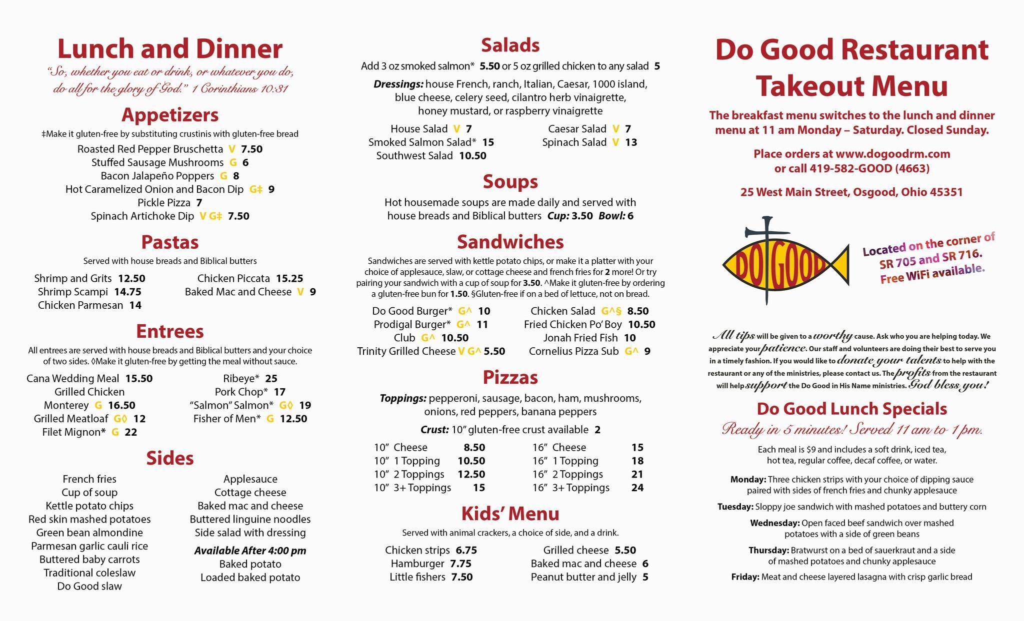 Menu at Do Good Restaurant and Ministry, Osgood, 25 Main St