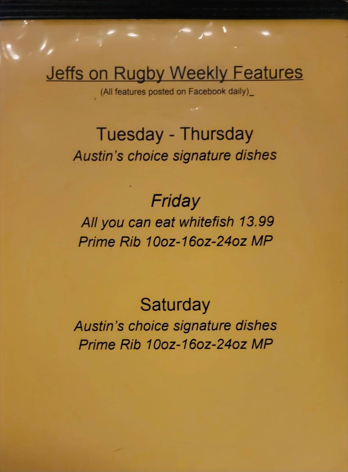 Menu at Jeff's On Rugby steakhouse, Oshkosh