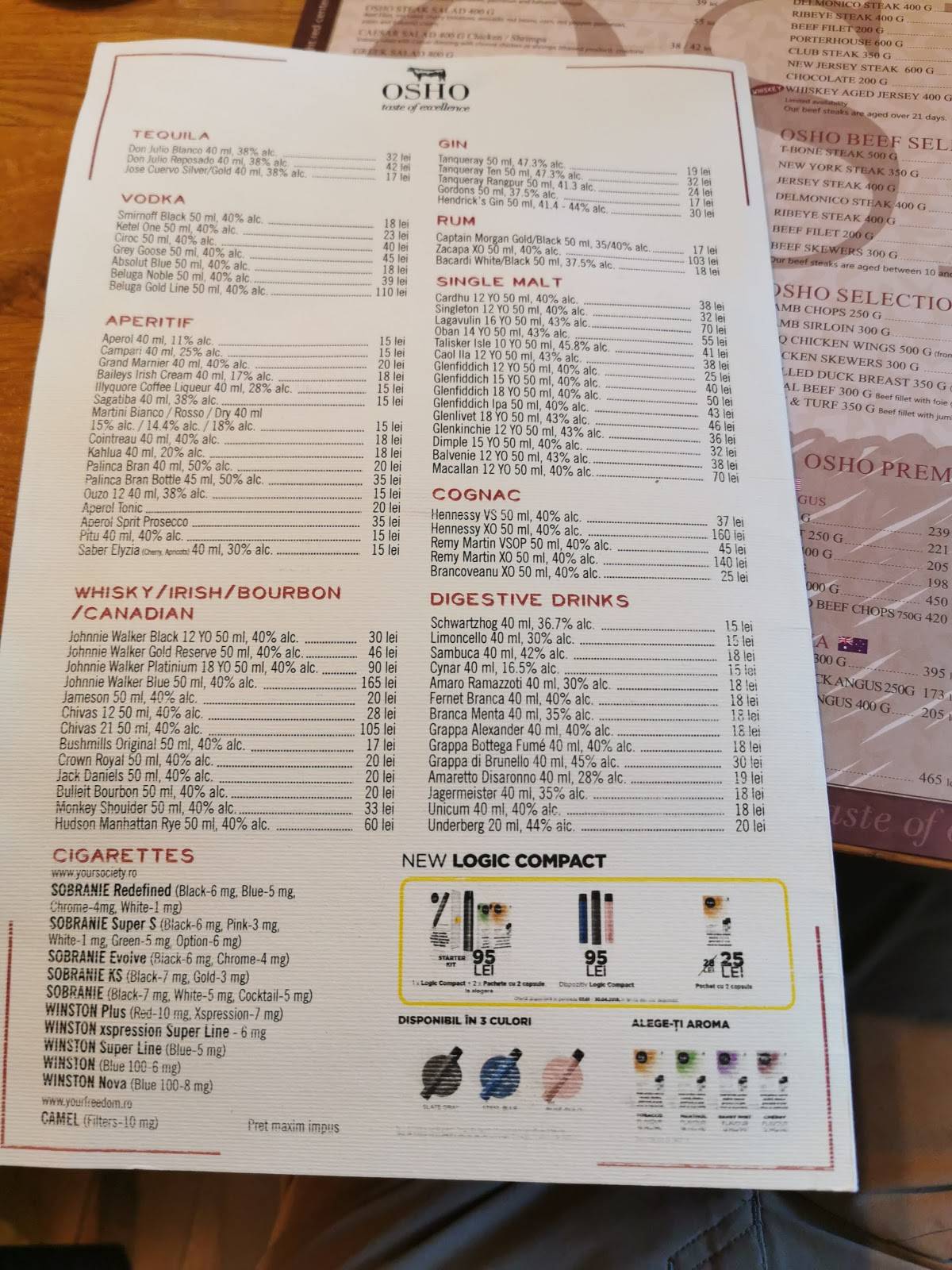 Menu at Osho, Bucharest